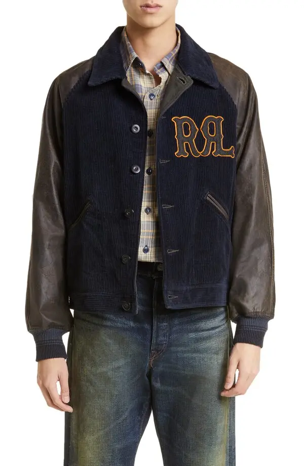 Double Rl Logo Leather Sleeve Corduroy Varsity Jacket In